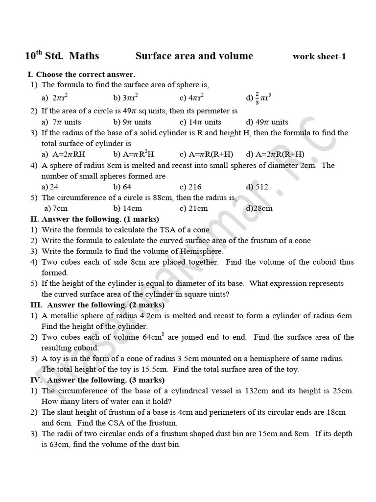 10th Grade Math: Surface Area & Volume Worksheets | PDF | Sphere | Area
