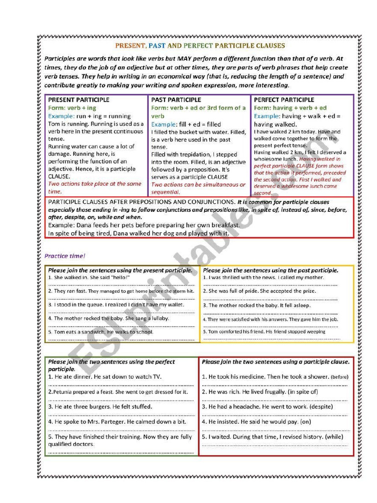 present, past and perfect participle grammar, + exersise with answers | PDF
