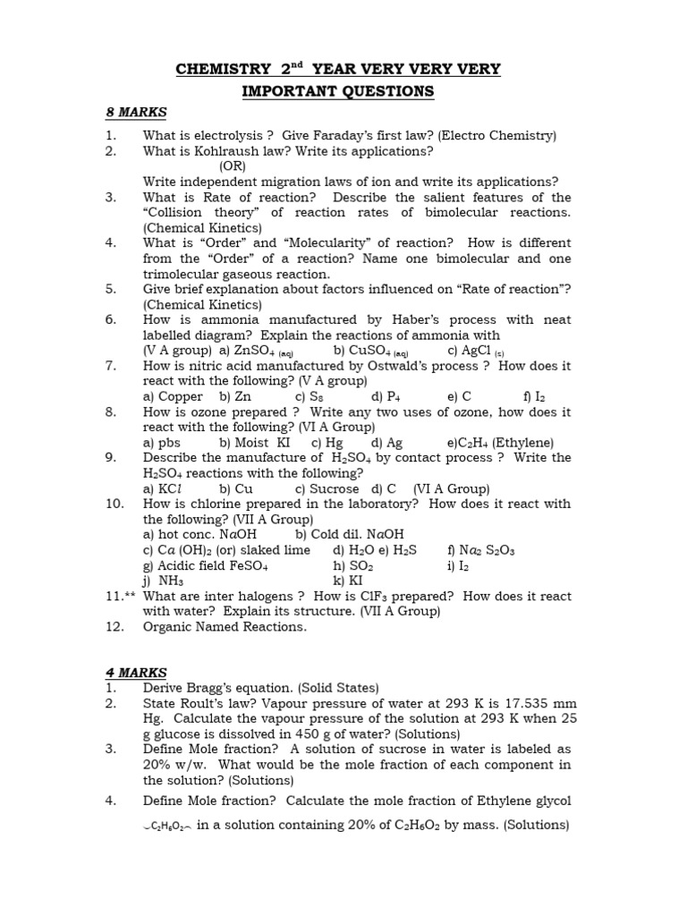 2nd Year Chemistry Important Questions | PDF | Electrochemistry | Chlorine