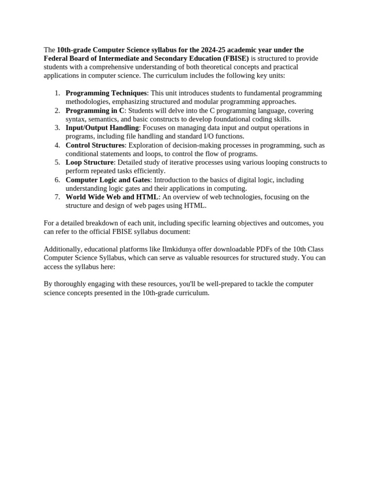 Computer Science Syllabus 10 class | PDF | Computer Programming ... Computer Science Syllabus 10 class | PDF | Computer Programming ...