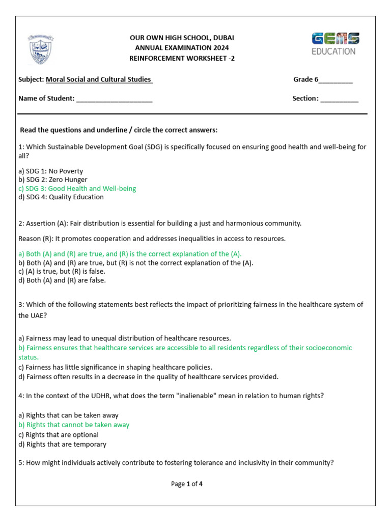 MSCS Moral Domain Answer key Revision Worksheet 2 | PDF | Diversity (Business) | Social Equality