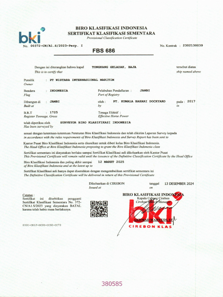 Hull & Loadline Temporary FBS 686 Exp 12 Maret 2025 | PDF