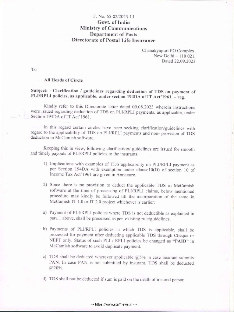 PLI RPLI TDS Clarifications DTD 22.09.2023 | PDF