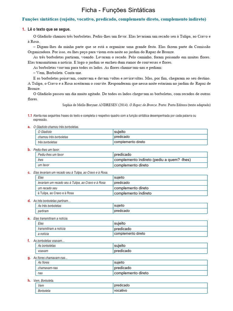 Ficha - Portugues - 5 - Ano - Funcoes - Sintaticas (1) - A Fazer | PDF | Assunto (gramática ...