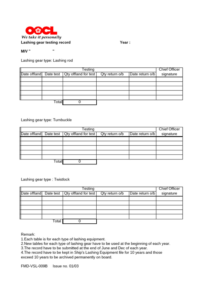 Lashing Gear Testing Record Log | PDF