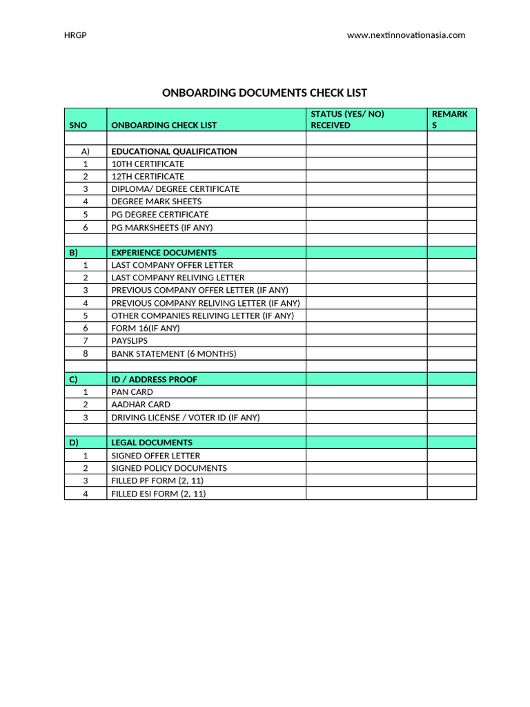 Onboarding Document Checklist Guide | PDF