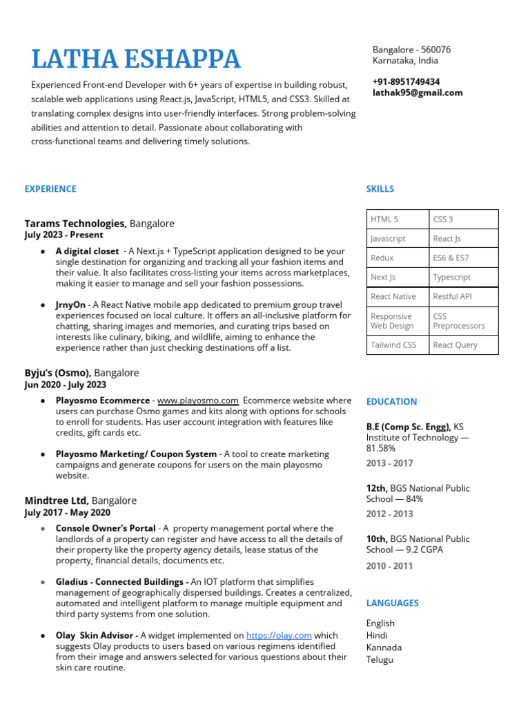 Latha Eshappa - React Developer-CV | PDF | Html5 | Computing