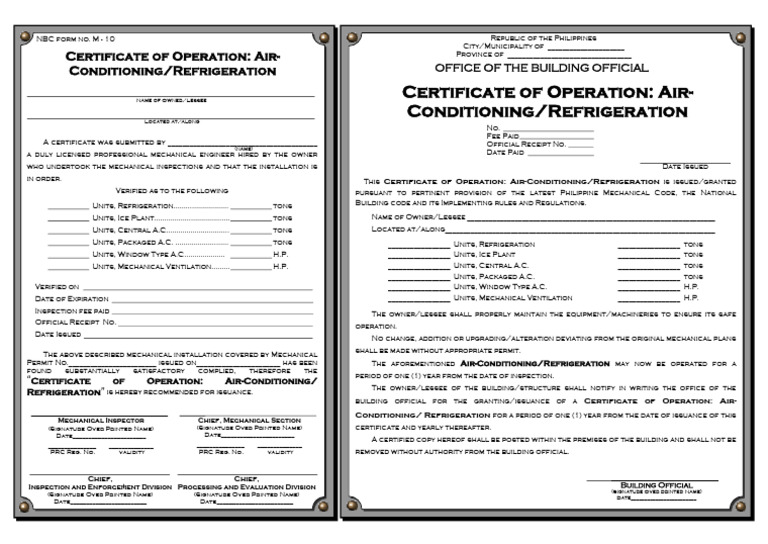 Certificate of Operation Air Conditioning Refrigeration | PDF
