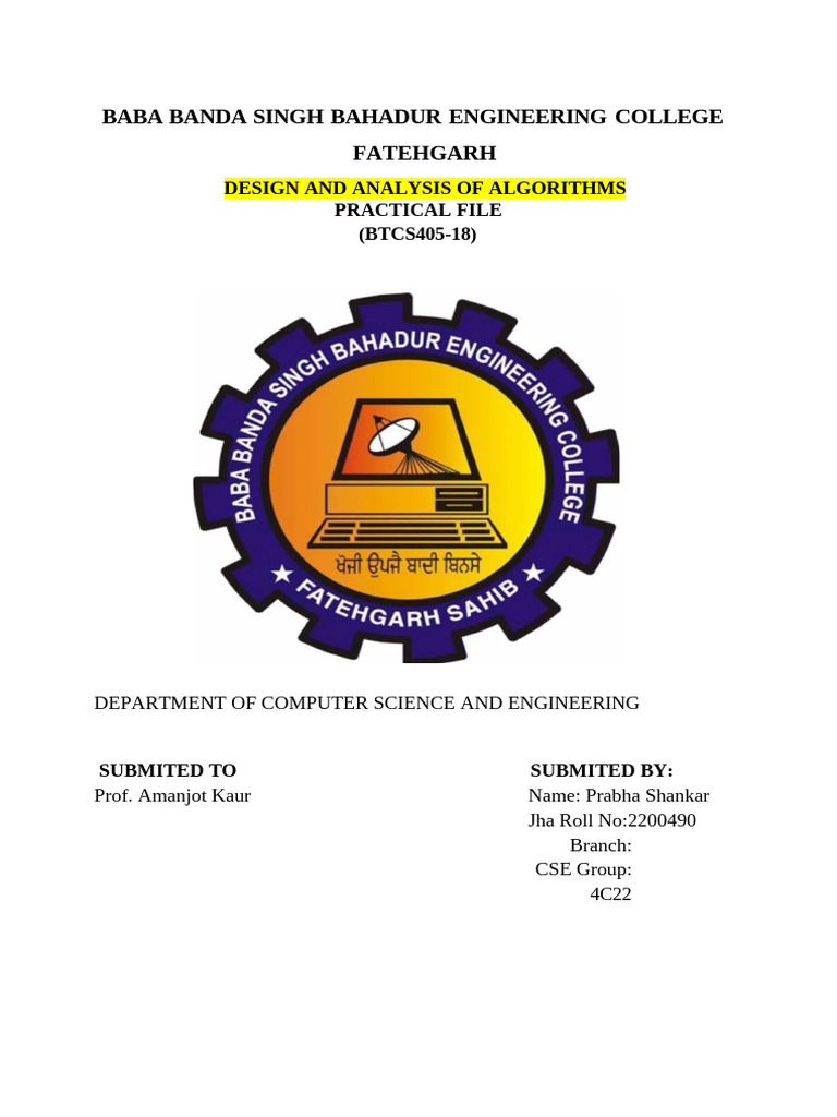 Baba Banda Singh Bahadur Engineering College Fatehgarh: Design and Analysis of Algorithms ...