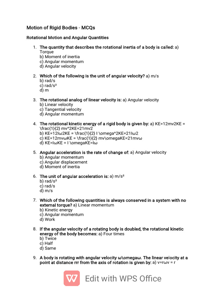 Motion of Rigid Bodies MCQ 11 | PDF | Rotation Around A Fixed Axis | Angular Momentum
