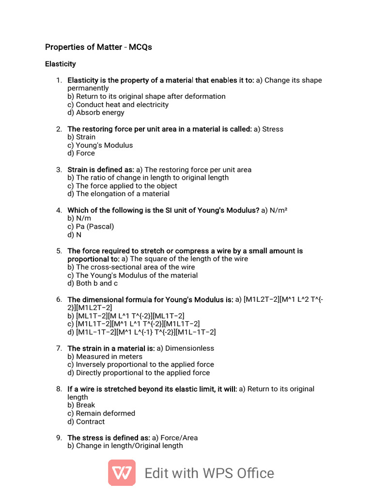 Properties of Matter MCQ 11 | PDF | Fluid Dynamics | Viscosity