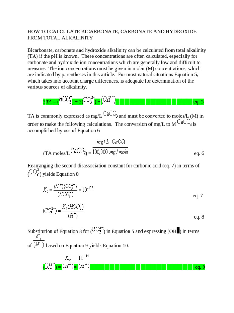 Calculating Bicarbonate from Alkalinity | PDF | Alkalinity | Hydroxide