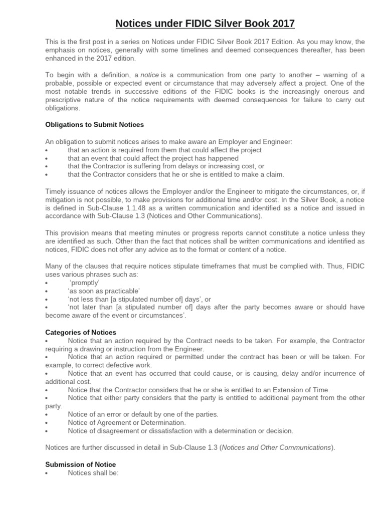 Notices Under FIDIC Silver Book 2017 | PDF | Employment | Subcontractor