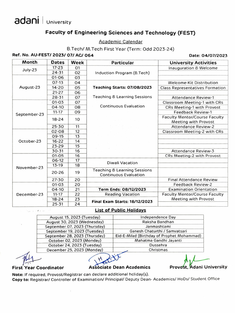 01 Academic Calander B.Tech-2023 | PDF | Higher Education