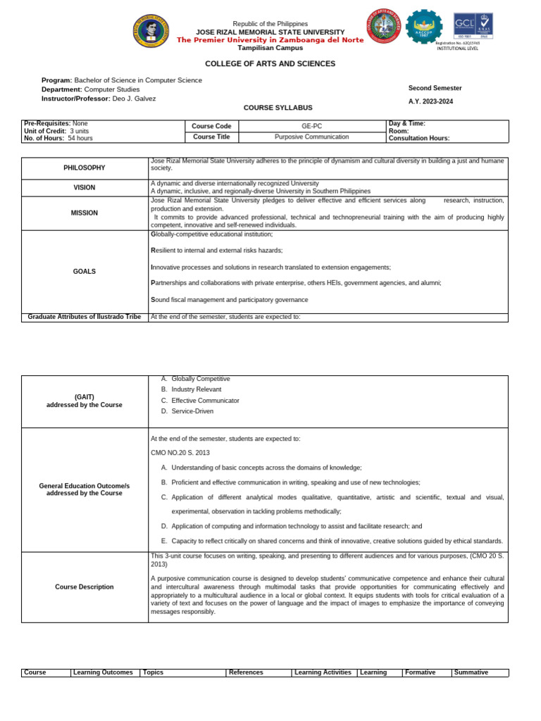 Syllabus - Purposive Communication 1 | PDF | Communication | Cross ...