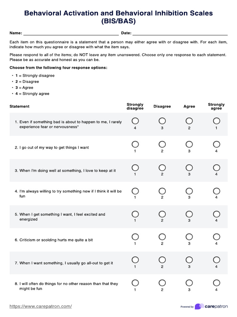 Behavioral Activation and Behavioral Inhibition Scales Bis Bas Template ...
