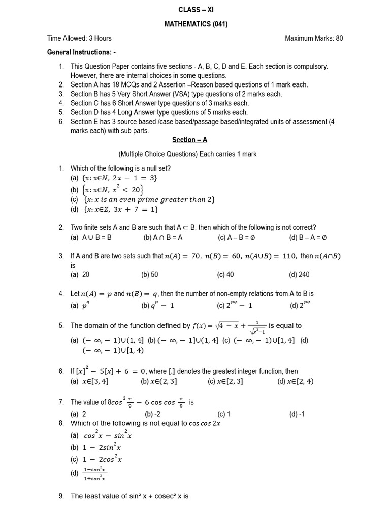 XI Maths QP 2022-23 (KVS, Lucknow) | PDF | Variance | Ellipse