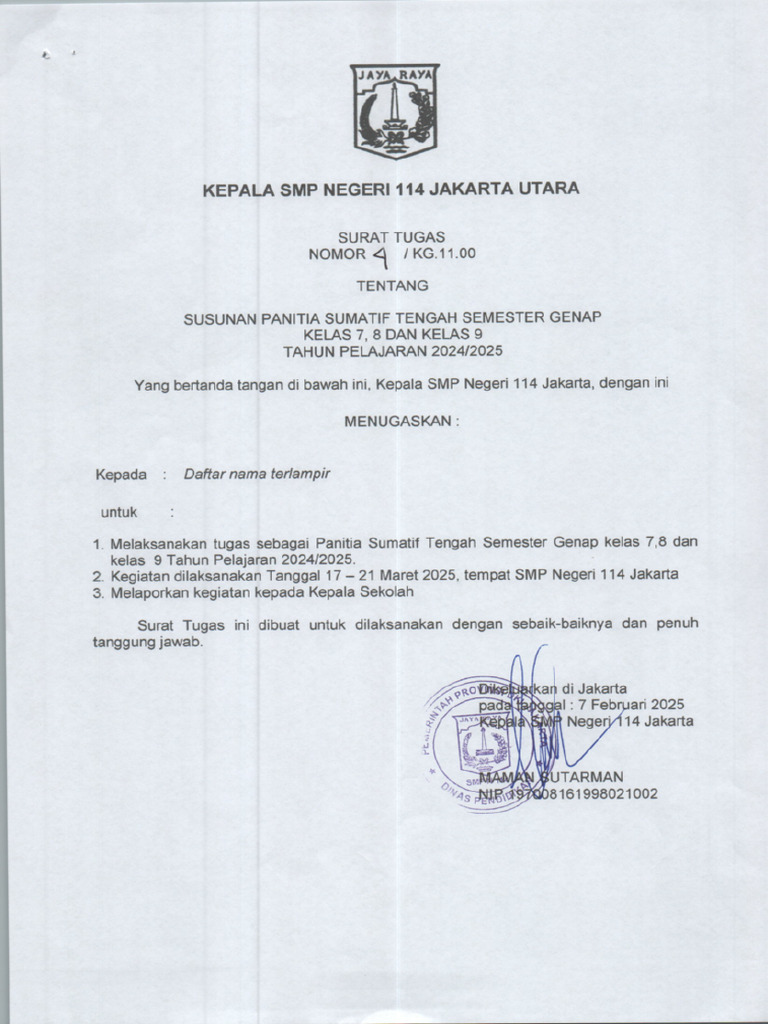 Surat Tugas Susunan Panitia STS Genap KLS 7,8,9 | PDF