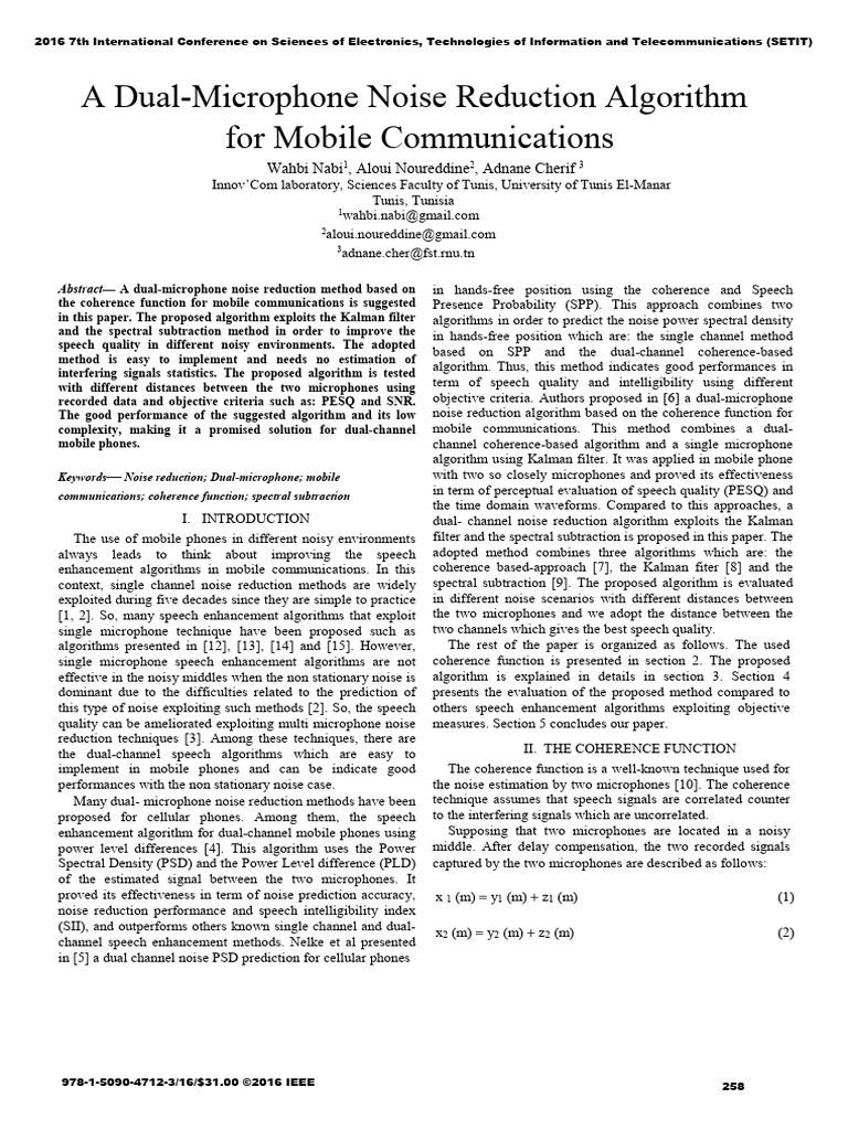 A Dual-Microphone Noise Reduction Algorithm For Mobile Communications | PDF | Signal To Noise ...
