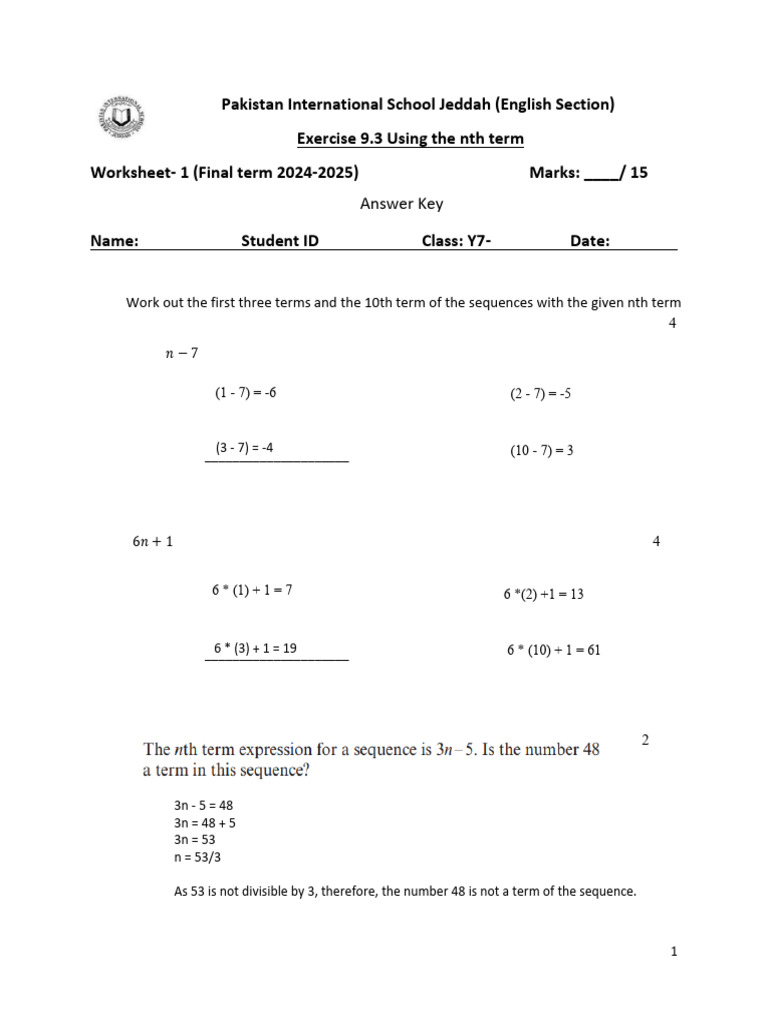 nth Term Sequences Worksheet Y7 | PDF | Formula One | Grand Prix Motor ...