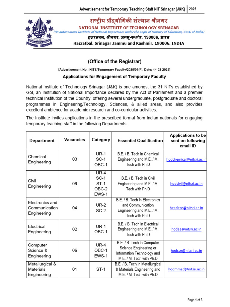 Temporary Faculty Advertisement | PDF