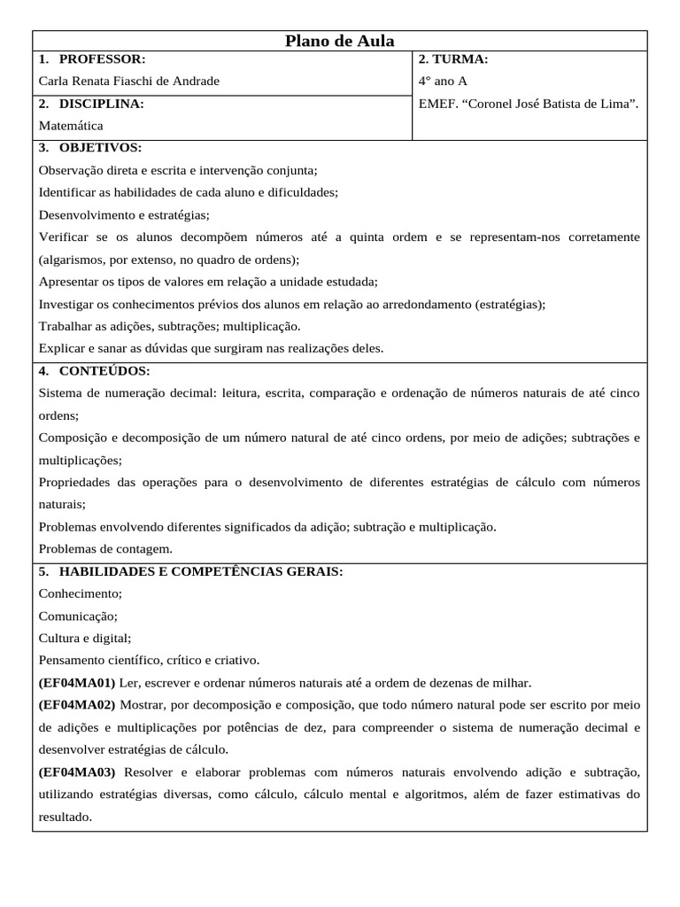 Plano de Aula Carla MT 03-08 A 07-08 | PDF | Números | Algoritmos
