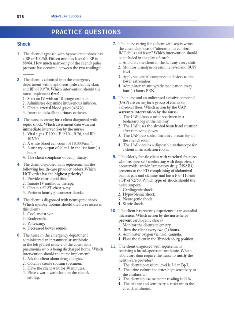 Med-Surg Practice Questions on Shock | PDF | Cardiac Arrest | Shock ...