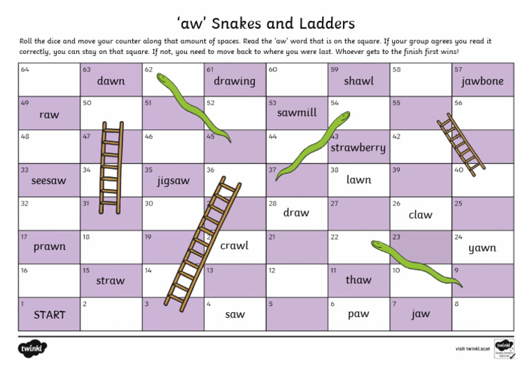 'aw' Word Snakes and Ladders Game | PDF