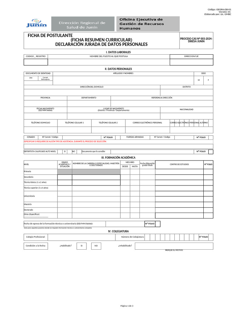 Formulario de Postulación DIRESA Junín | PDF
