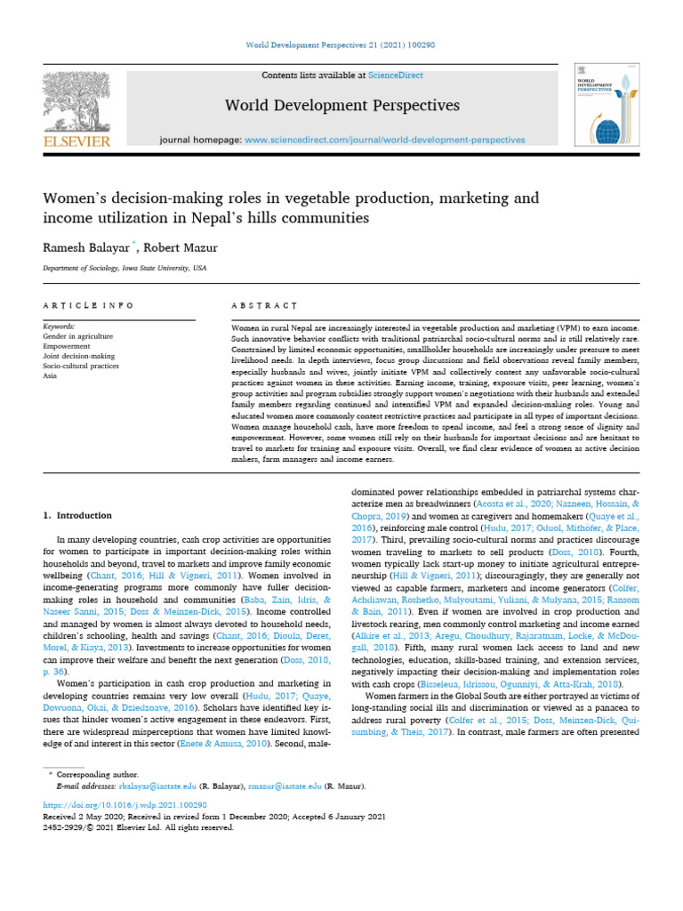 Balayar and Mazur Womens Decision-Making Roles | PDF | Agriculture | Smallholding