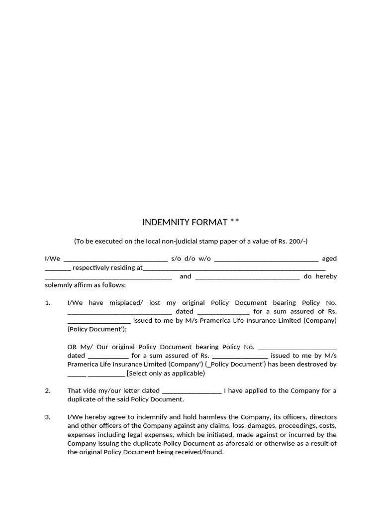 INDEMNITY FORMAT Pramerica Life Insurance Limited | PDF