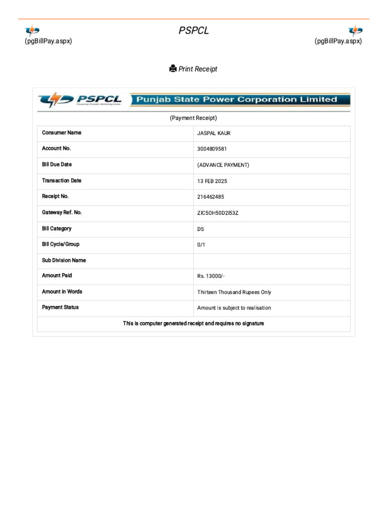 PSPCL Receipt For Txnid INT2502133291633 | PDF