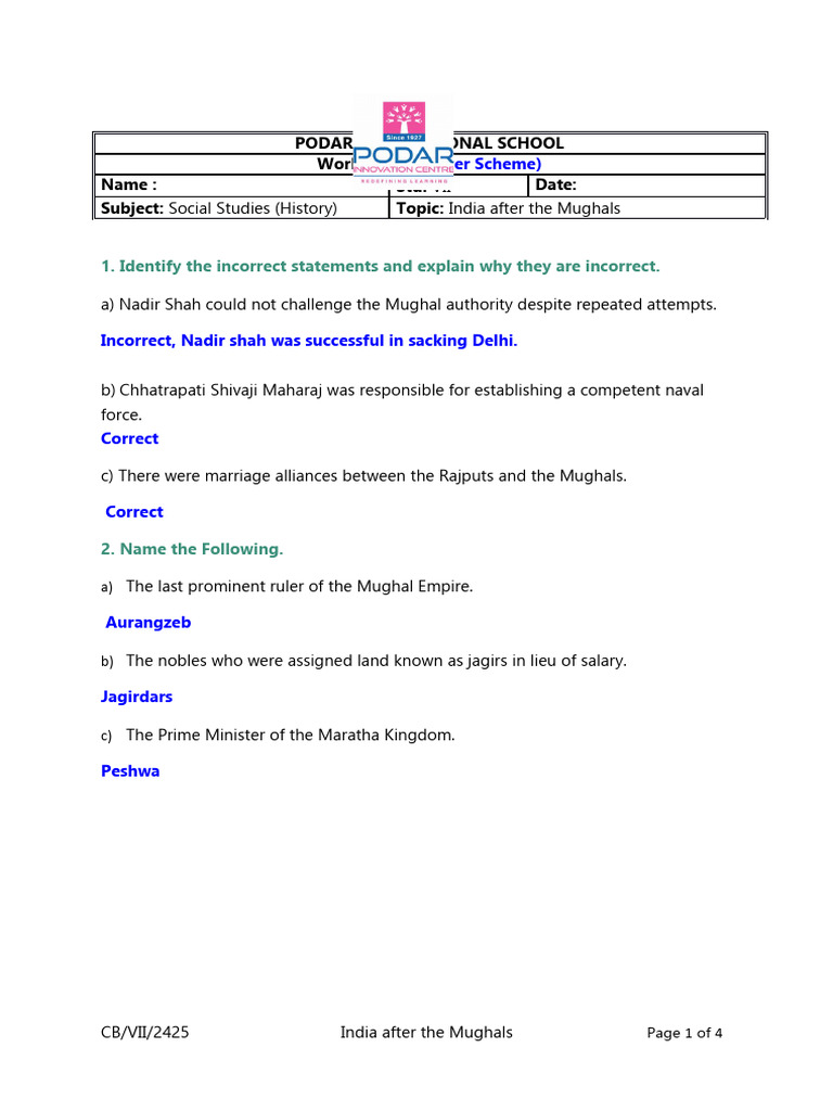 India Post-Mughal Era for Class 7 | PDF | Mughal Empire