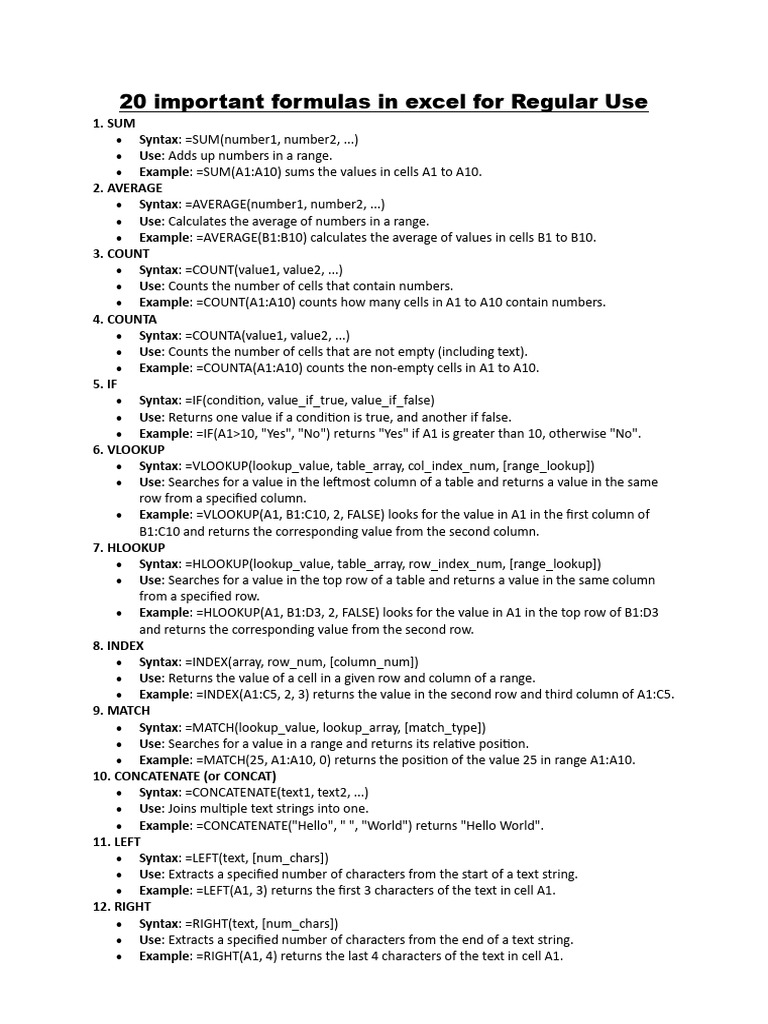 20 important formulas in excel for Regular Use | PDF | Computer Programming