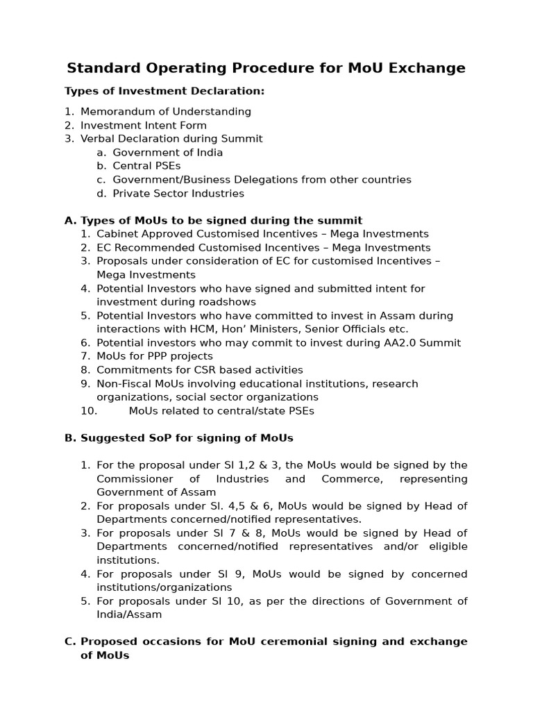 Standard Operating Procedure For MoU Exchange During AA 2.0 | PDF ...