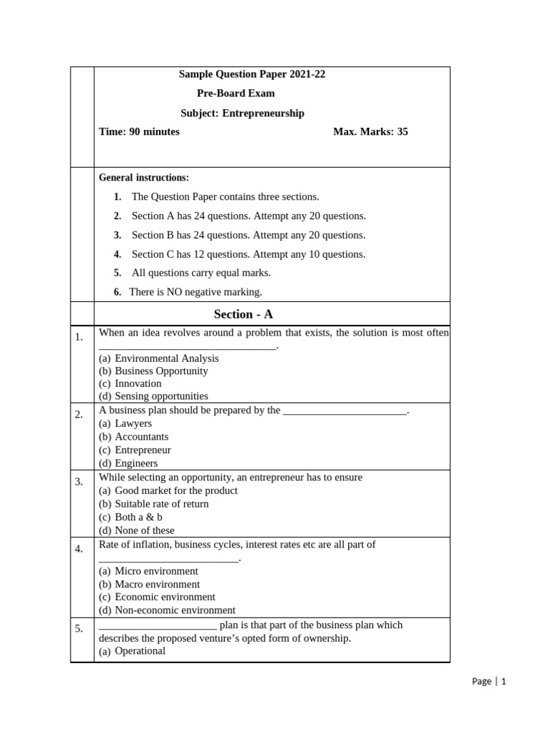 ENT XII PB 1 QP SET 2 hubs | PDF | Entrepreneurship | Partnership
