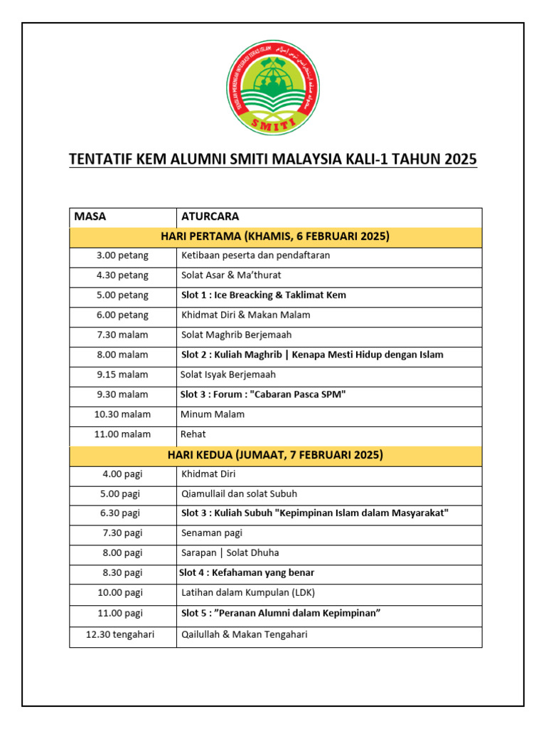 Tentatif Kem Alumni Smiti Malaysia Kali-1-1 | PDF