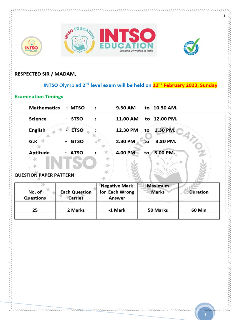 INTSO Olympiad Level 2 Exam Details | PDF