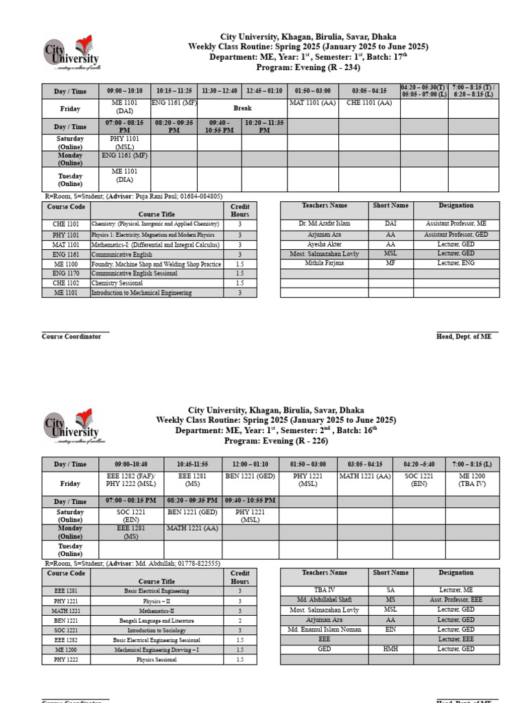 EVE - Class Routine Spring 2025 | PDF | Mechanical Engineering ...