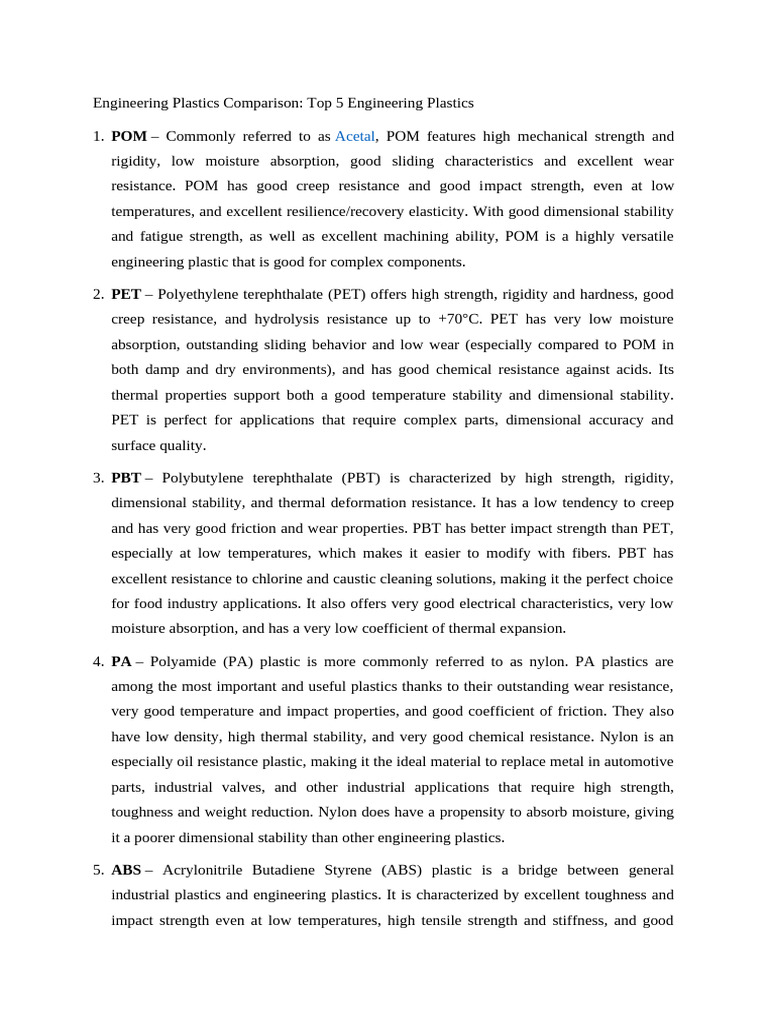 Engineering Plastics Comparison | PDF | Strength Of Materials | Plastic