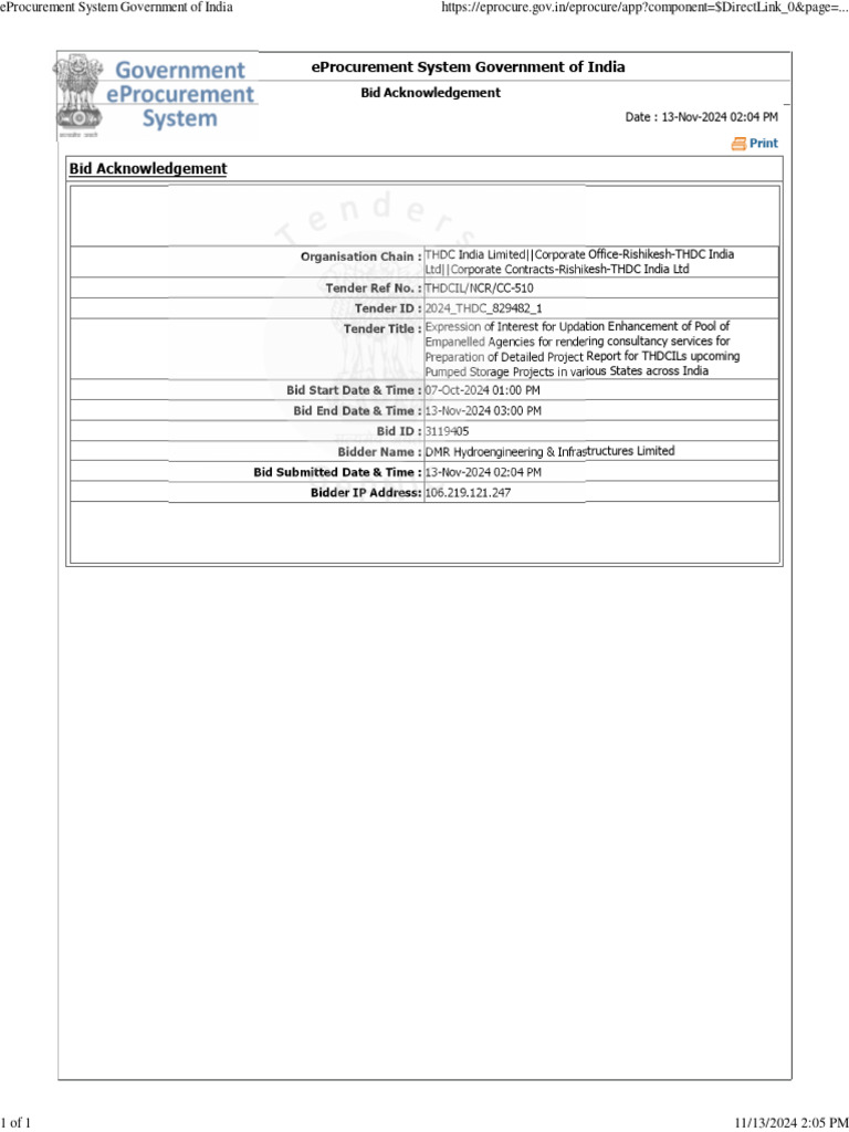 THDCIL Bid Acknowledgement for Consultancy | PDF