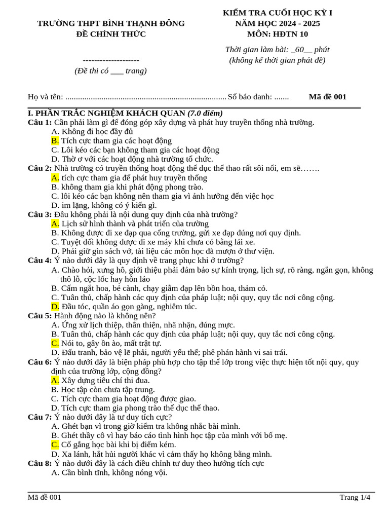 Đề Thi HĐTN 10 - Hki | PDF