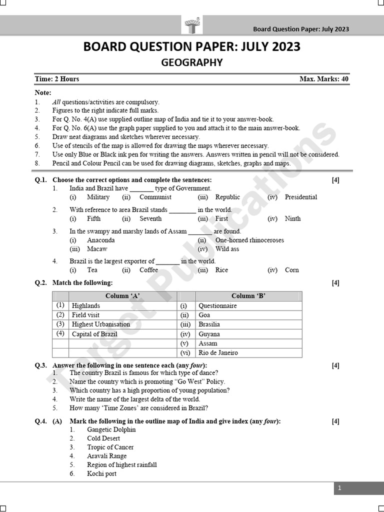 Std. 10th (EM) Geography Board Question Paper - July 2023 ...