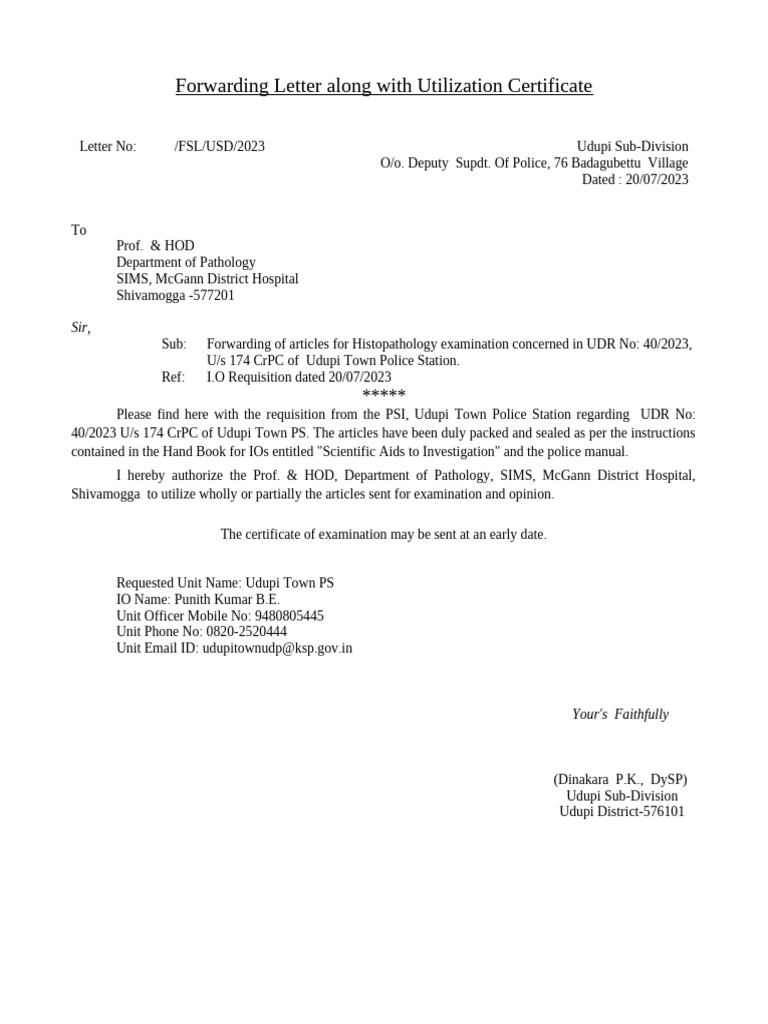 Forward & Utilization Letter SIMS Shimoga | PDF