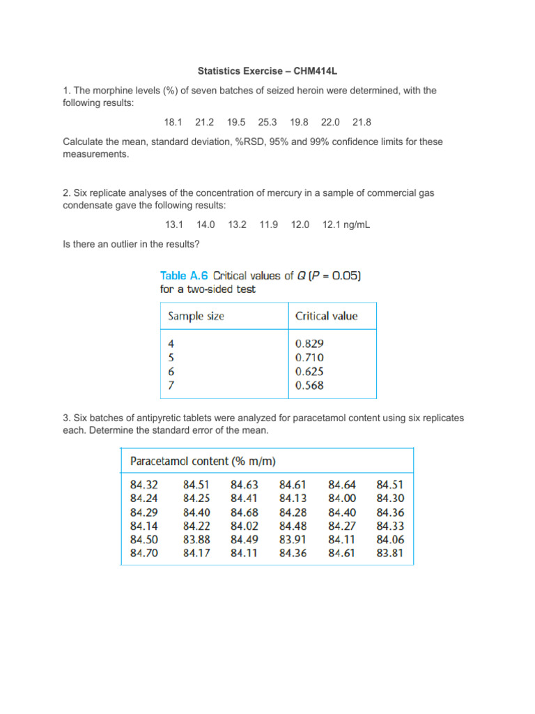 Statistics Exercise - CHM414L | PDF