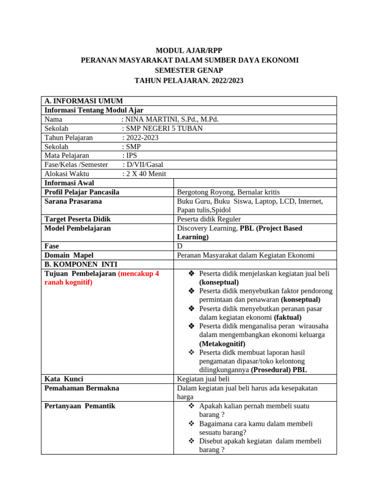 MODUL AJAR TEMA 3 SUB. C. Peranan Masyarakat Dalam Rantai Ekonomi (Rini Yulianti, S.PD - SMPN 2 ...