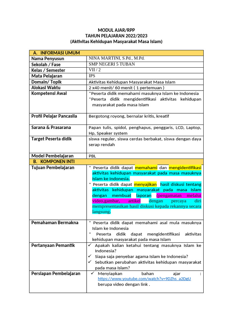 MODUL AJAR TEMA 3 SUB. B. TEMA 1.b - Aktivitas Keh. Masy. Islam (Siti Fatimah, S.PD - SMPN 2 ...