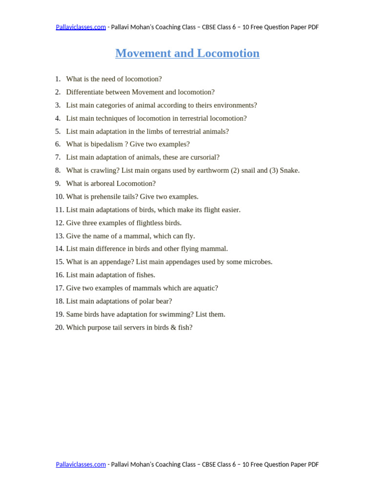CBSE Class 6-10: Locomotion Quiz | PDF