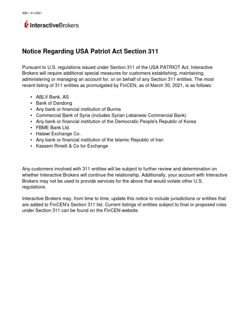 Notice Regarding USA Patriot Act Section 311 | PDF