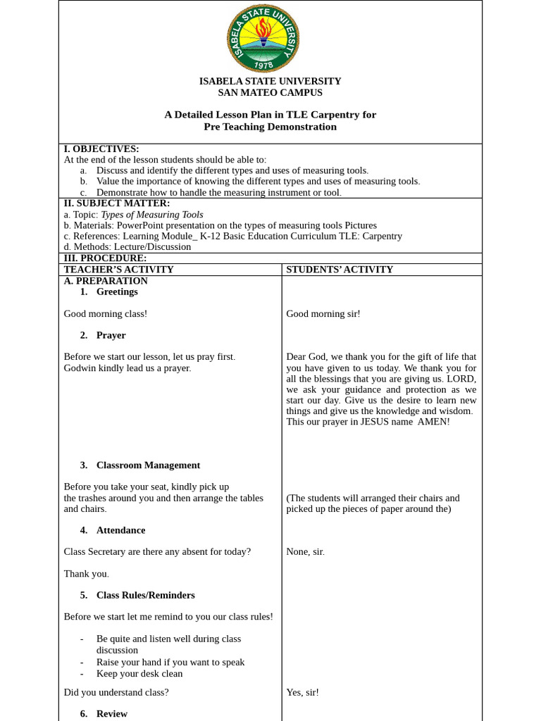 Detailed Lesson Plan in Carpentry Real Na | PDF | Lesson Plan | Prayer